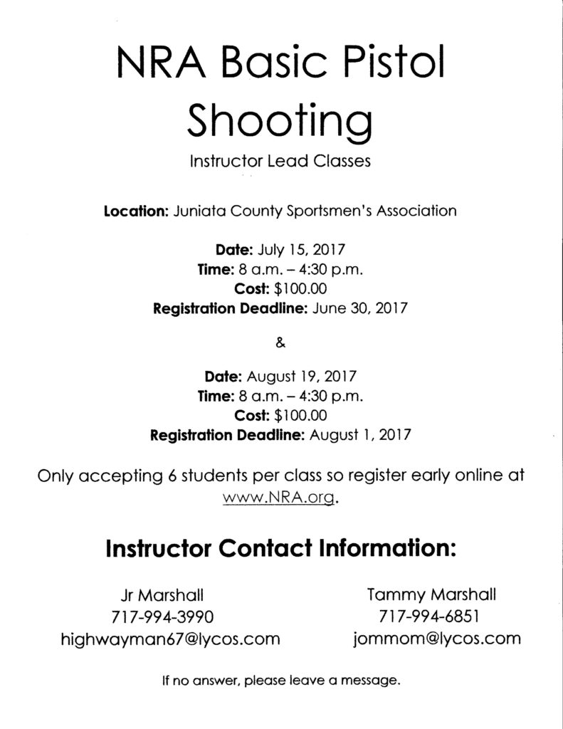 NRA Basic pistol class – Juniata County Sportsmens Association, Port ...